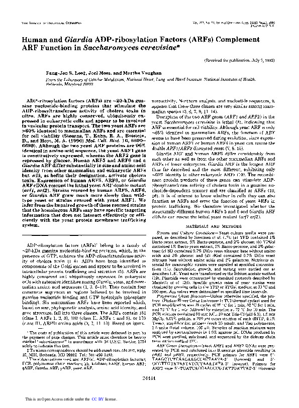 Pdf Human And Giardia Adp Ribosylation Factors Arfs Complement Arf Function In Saccharomyces