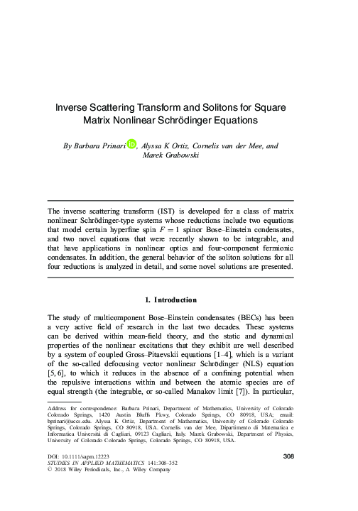 (PDF) Inverse Scattering Transform and Solitons for Square Matrix Nonlinear Schrödinger Equations
