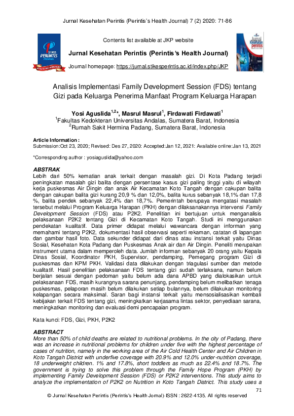 (PDF) Analisis Implementasi Family Development Session (FDS) tentang Gizi pada Keluarga Penerima ...