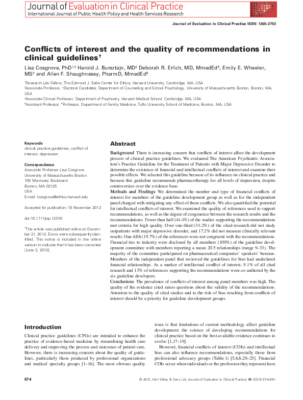 (PDF) Conflicts of interest and the quality of recommendations in ...