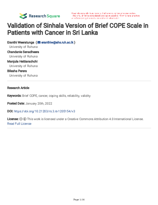 (PDF) Validation of Sinhala Version of Brief COPE Scale in Patients ...
