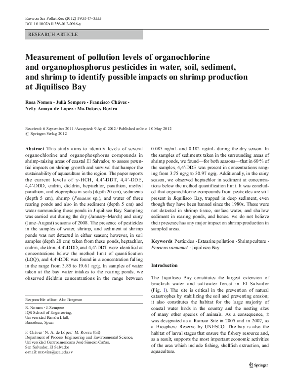 (PDF) Measurement of pollution levels of organochlorine and organophosphorus pesticides in water ...