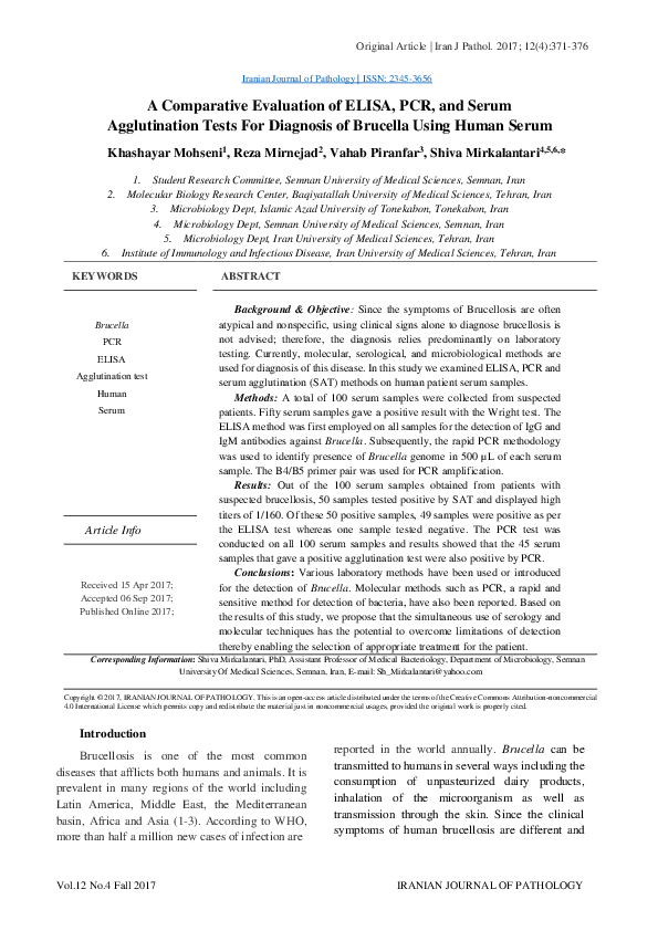 (PDF) A Comparative Evaluation of ELISA, PCR, and Serum Agglutination ...