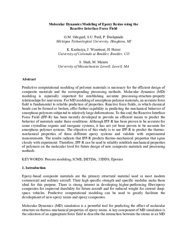 Pdf Molecular Dynamics Modeling Of Epoxy Resins Using The Reactive