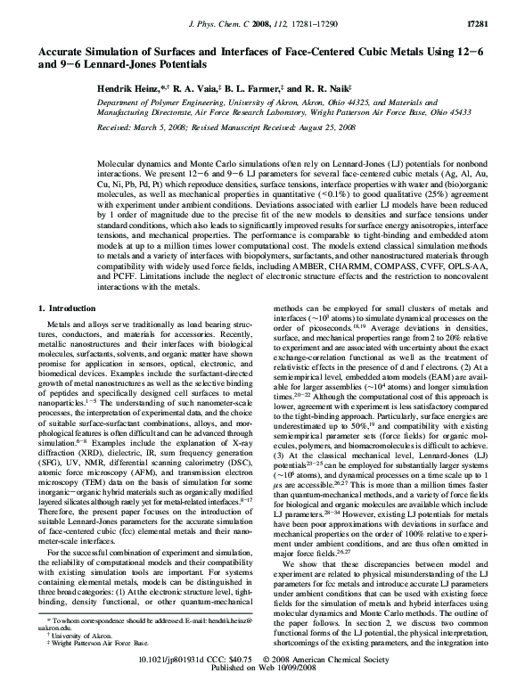 Pdf Accurate Simulation Of Surfaces And Interfaces Of Face Centered Cubic Metals Using 12−6