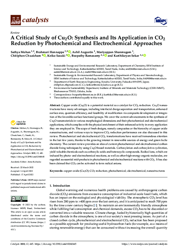 (PDF) A Critical Study of Cu2O: Synthesis and Its Application in CO2 ...