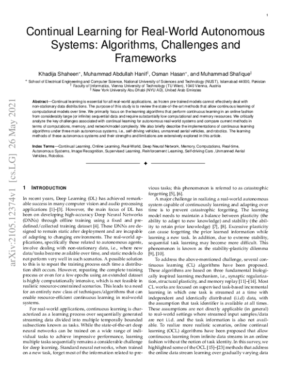 (PDF) Continual Learning for Real-World Autonomous Systems: Algorithms, Challenges and Frameworks