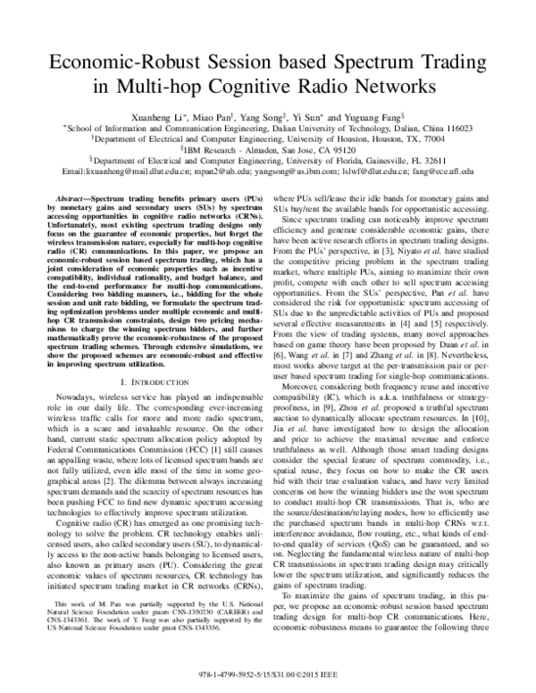 (PDF) Economic-Robust Session Based Spectrum Trading in Multi-Hop Cognitive Radio Networks