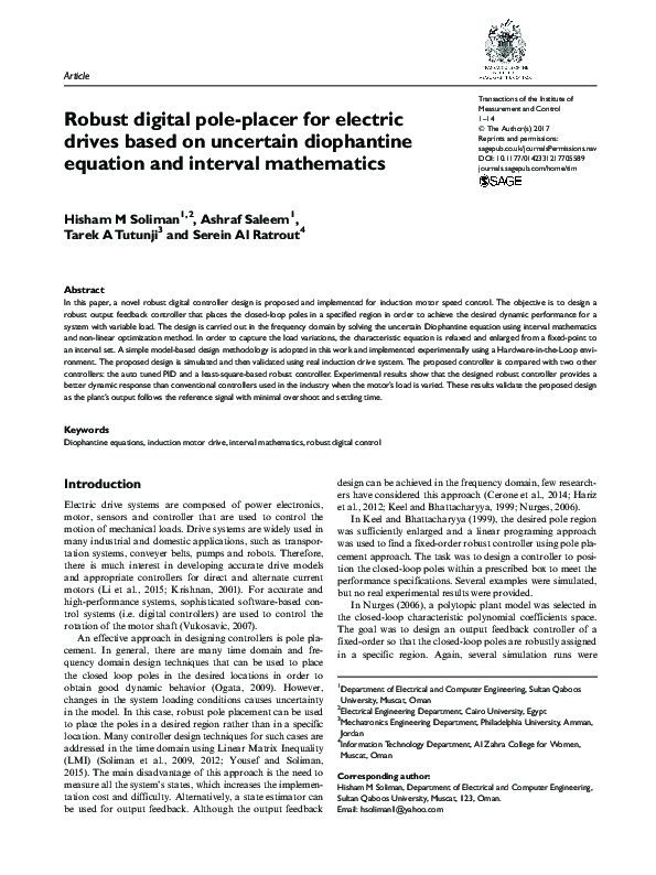 (PDF) Robust digital pole-placer for electric drives based on uncertain diophantine equation and ...