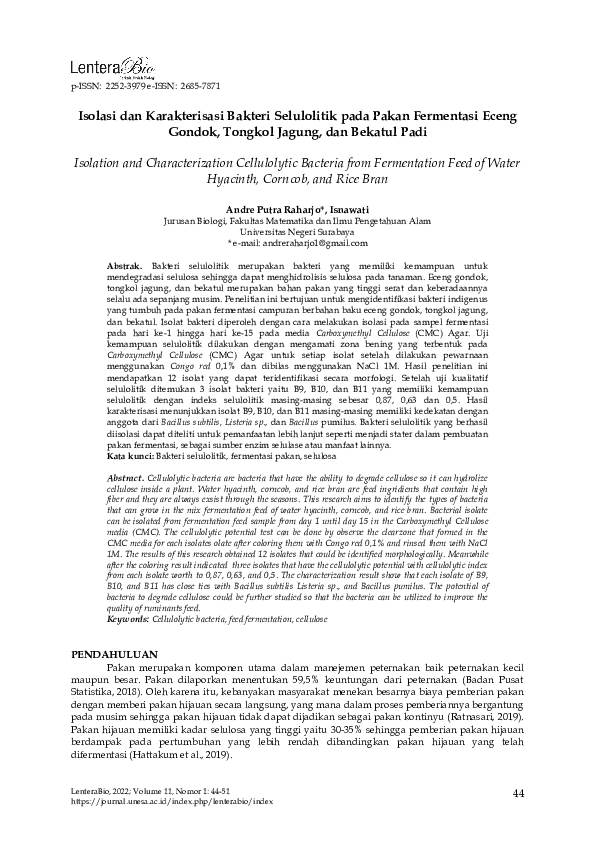 (PDF) Isolasi dan Karakterisasi Bakteri Selulolitik pada Pakan ...