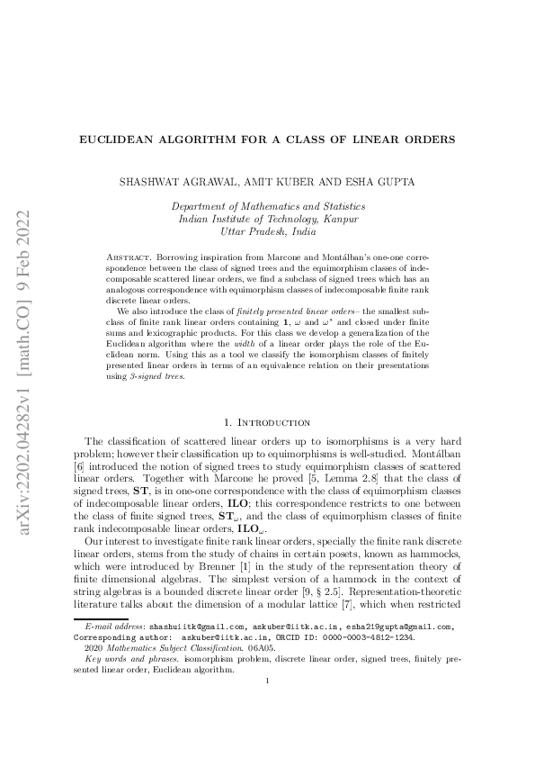 Pdf Euclidean Algorithm For A Class Of Linear Orders Shashwat Agrawal