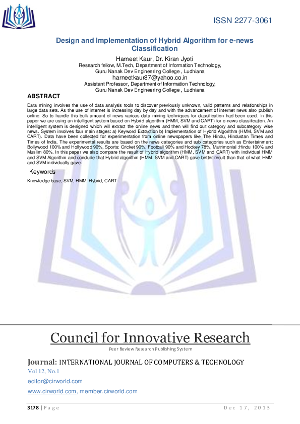 Pdf Design And Implementation Of Hybrid Algorithm For E News