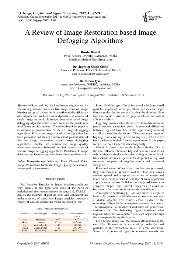 Pdf A Review Of Image Restoration Based Image Defogging Algorithms