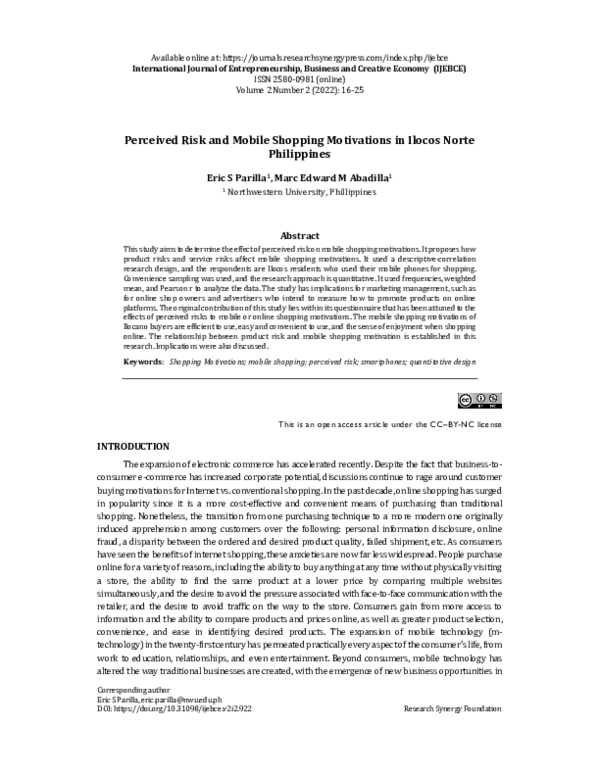 (PDF) Perceived Risk and Mobile Shopping Motivations in Ilocos Norte ...