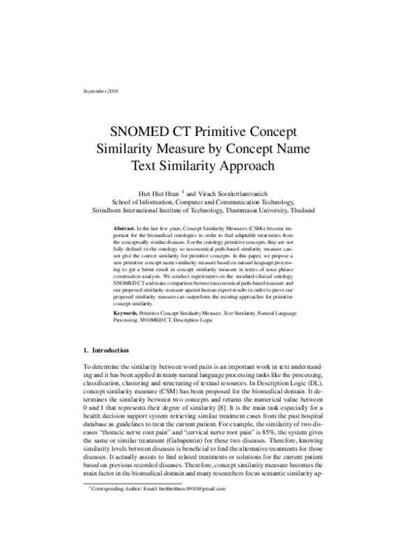 (PDF) SNOMED CT Primitive Concept Similarity Measure by Concept Name Text Similarity Approach ...