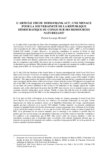 (PDF) L’Article 1502 Du Dodd-Frank Act : Une Menace Pour La ...