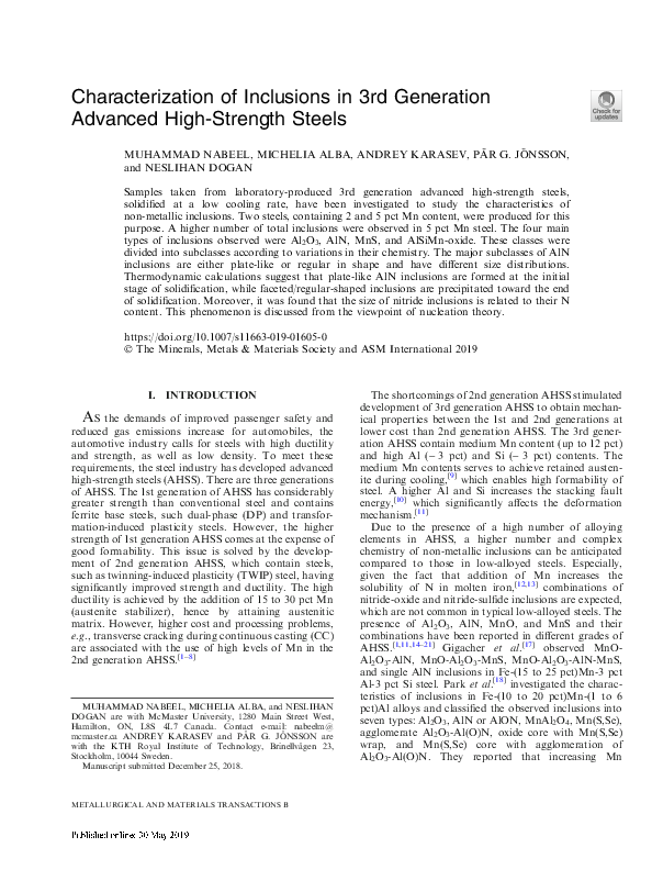 (PDF) Characterization of Inclusions in 3rd Generation Advanced High-Strength Steels
