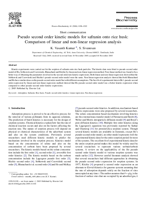 (PDF) Pseudo second order kinetic models for safranin onto rice husk ...
