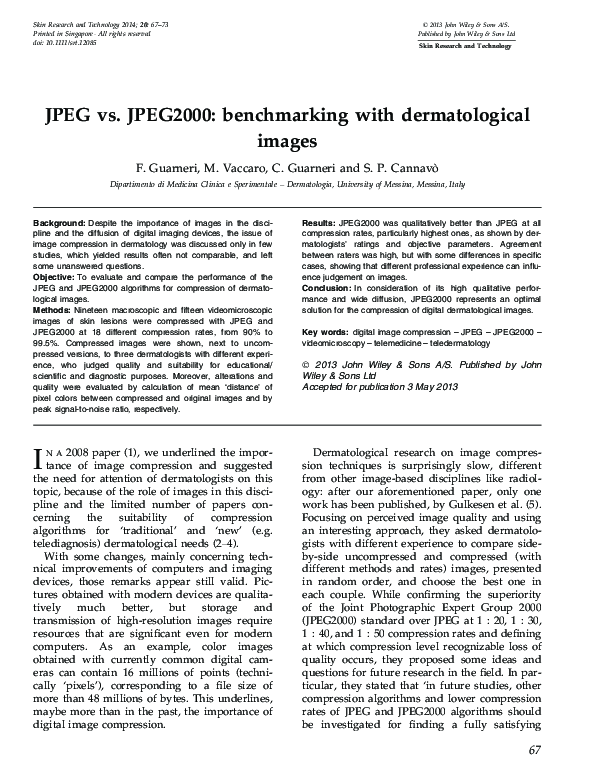 (PDF) JPEG vs. JPEG2000: benchmarking with dermatological images