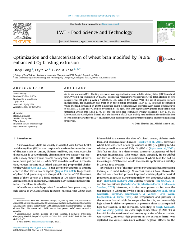 (PDF) Optimization and characterization of wheat bran modified by in situ enhanced CO2 blasting ...