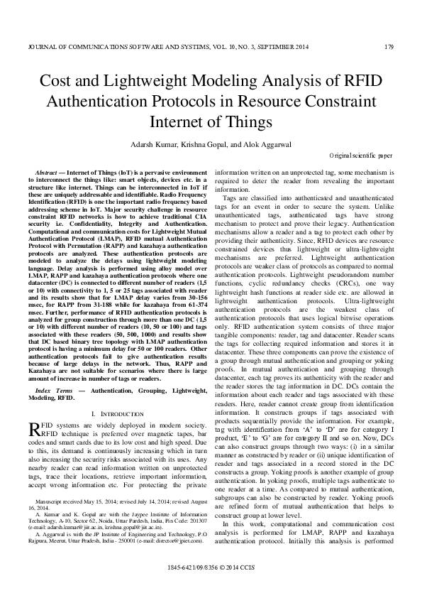 (PDF) Cost and Lightweight Modeling Analysis of RFID Authentication Protocols in Resource ...