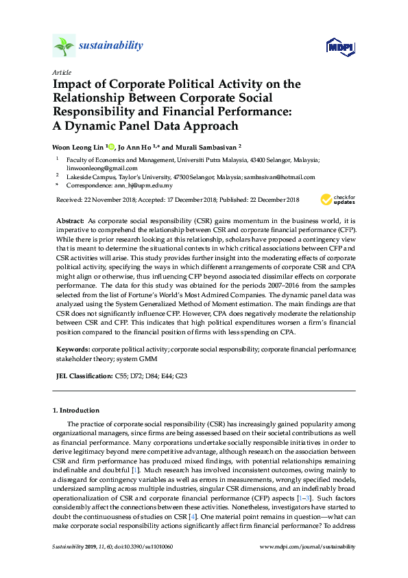(PDF) Impact of Corporate Political Activity on the Relationship Between Corporate Social ...