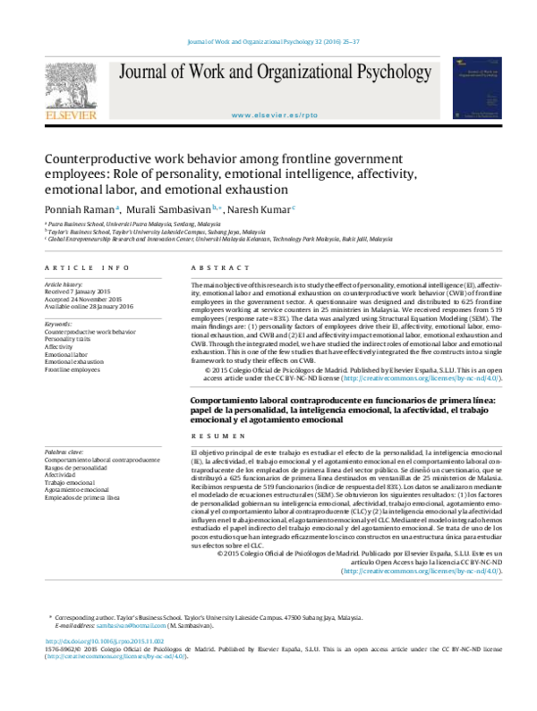 (PDF) Counterproductive work behavior among frontline government employees: Role of personality ...