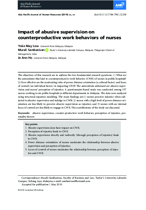 (PDF) Impact of abusive supervision on counterproductive work behaviors ...