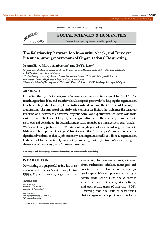 (PDF) The relationship between job insecurity, shock, and turnover intention, amongst survivors ...