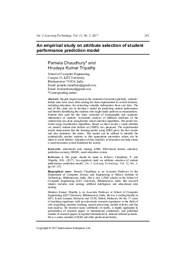 (PDF) An empirical study on attribute selection of student performance prediction model