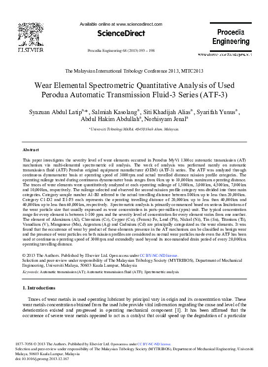 Wear Elemental Spectrometric Quantitative Analysis of Used Perodua ...