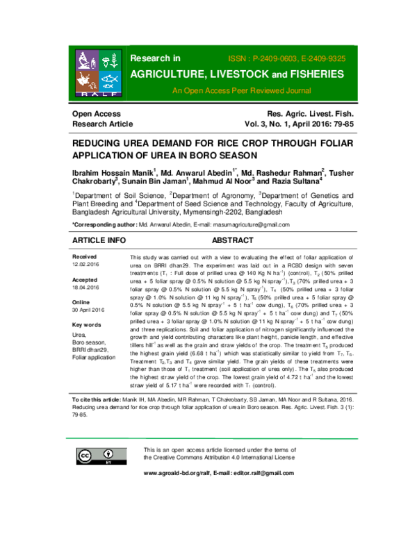 (PDF) Reducing urea demand for rice crop through foliar application of ...