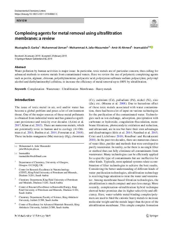 (PDF) Complexing agents for metal removal using ultrafiltration ...