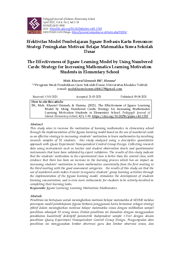 (PDF) The Effectiveness of Jigsaw Learning Model by Using Numbered Cards: Strategy for ...