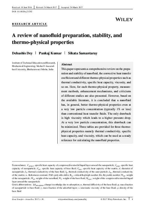 (PDF) A review of nanofluid preparation, stability, and thermo-physical properties