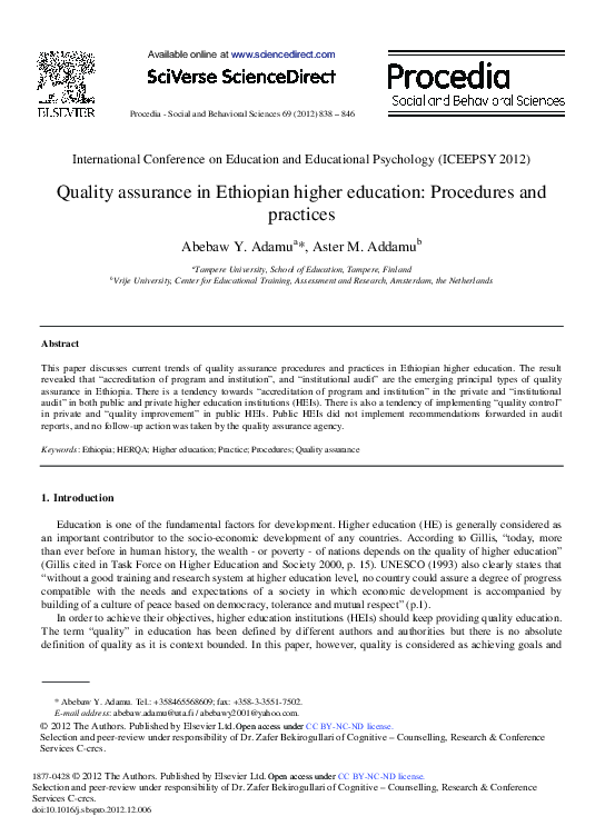 (PDF) Quality Assurance in Ethiopian Higher Education: Procedures and Practices