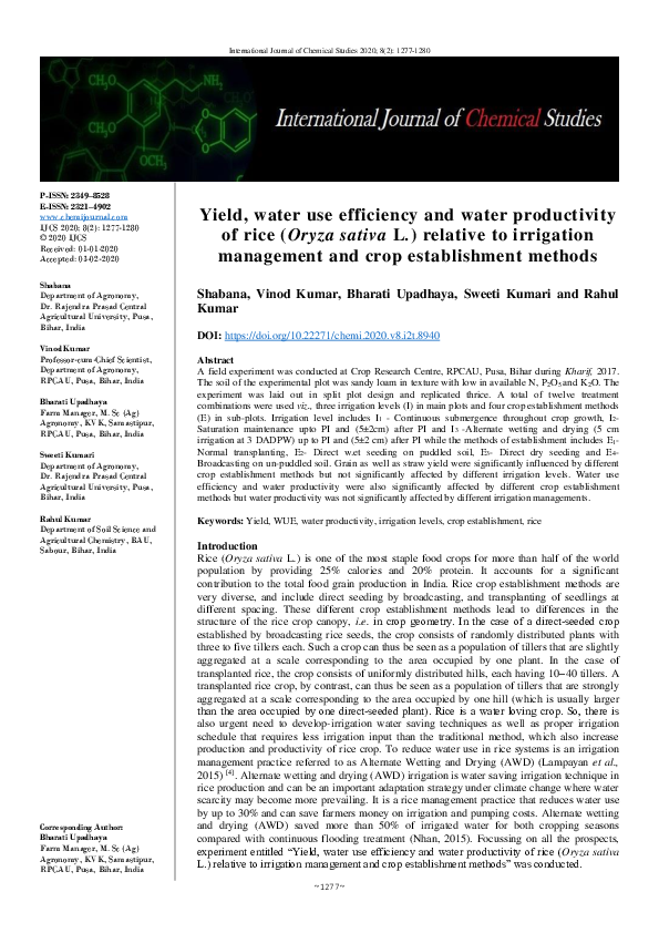(PDF) Yield, water use efficiency and water productivity of rice (Oryza ...