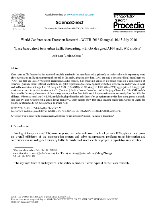 Pdf Lane Based Short Term Urban Traffic Forecasting With Ga Designed Ann And Lwr Models
