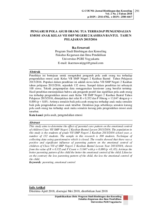 (PDF) Pengaruh Pola Asuh Orang Tua Terhadap Pengendalian Emosi Anak Kelas VII SMP Negeri 2 ...