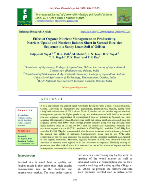 (PDF) Effect of Organic Nutrient Management on Productivity, Nutrient Uptake and Nutrient ...