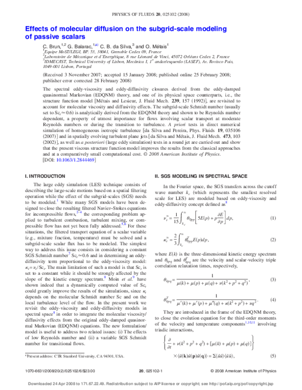 Pdf Effects Of Molecular Diffusion On The Subgrid Scale Modeling Of