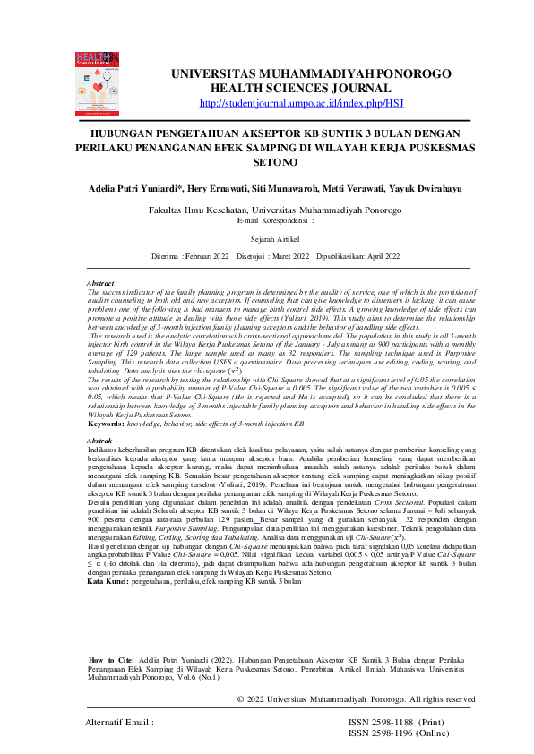 (PDF) Hubungan Pengetahuan Akseptor KB Suntik 3 Bulan Dengan Perilaku Penanganan Efek Samping DI ...