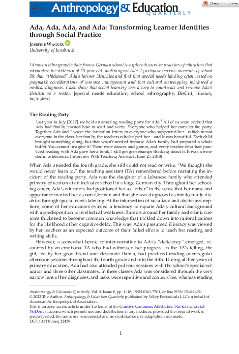 (PDF) Ada, Ada, Ada, and Ada: Transforming Learner Identities through Social Practice