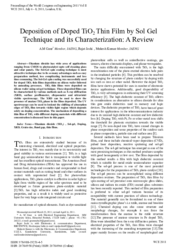 (PDF) Deposition of Doped TiO2 Thin Film by Sol Gel Technique and its Characterization: A Review