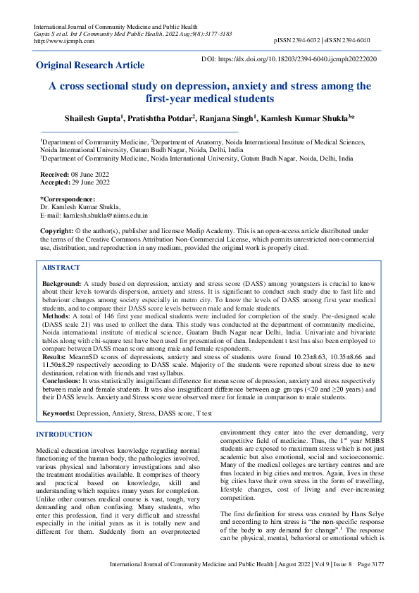 (PDF) A cross sectional study on depression, anxiety and stress among ...