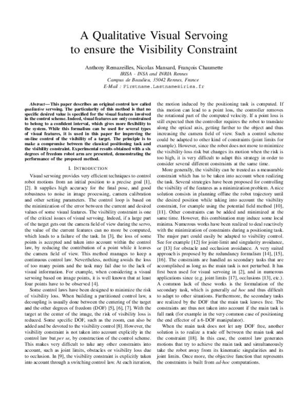 (PDF) A Qualitative Visual Servoing to ensure the Visibility Constraint