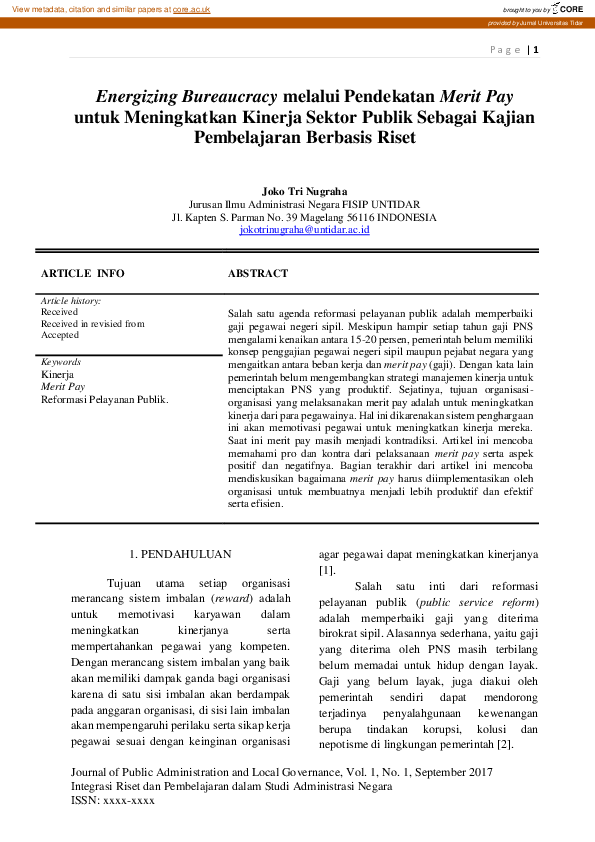 (PDF) Energizing Bureaucracy melalui Pendekatan Merit Pay untuk Meningkatkan Kinerja Sektor ...