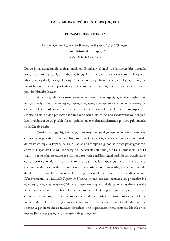 (PDF) Fernando Sígler Silvera. La Primera República. Ubrique, 1873