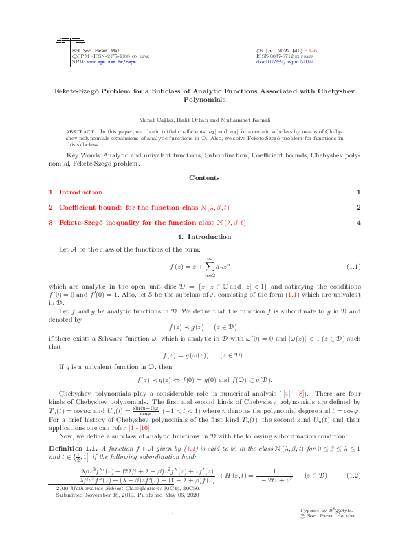 (PDF) Fekete-Szegö problem for a subclass of analytic functions associated with Chebyshev ...