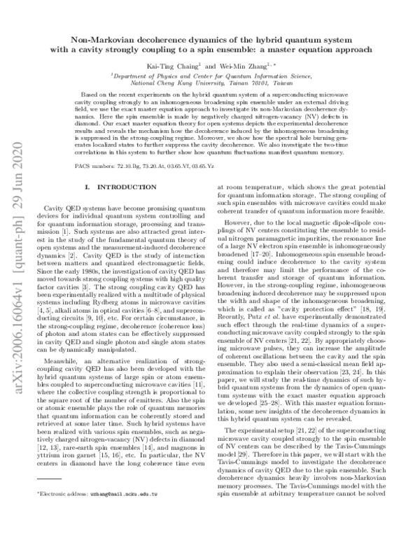 (PDF) Non-Markovian decoherence dynamics of the hybrid quantum system with a cavity strongly ...